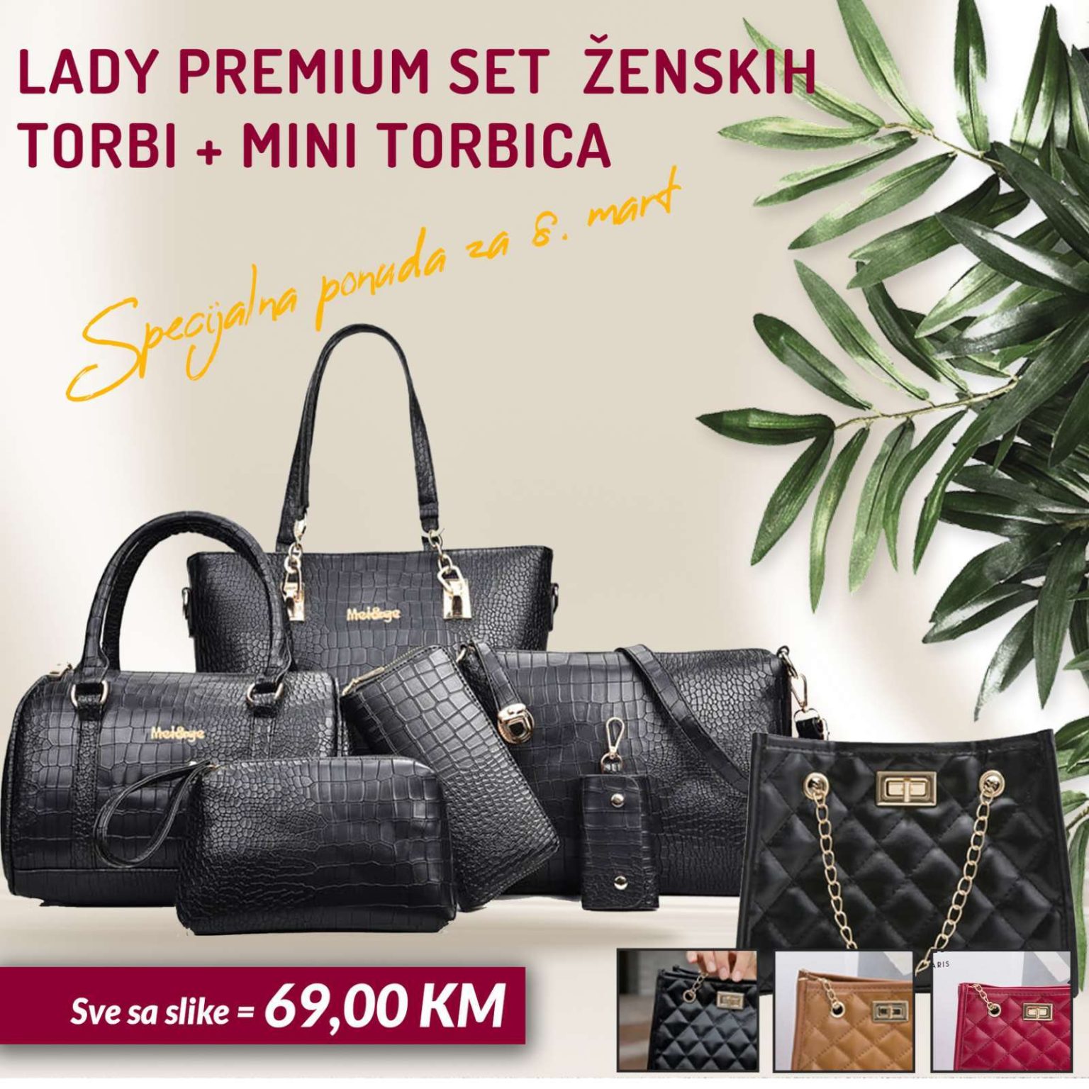 Set ženskih torbi 6 u 1 – CRNA + Ženska mini torbica – Torbe